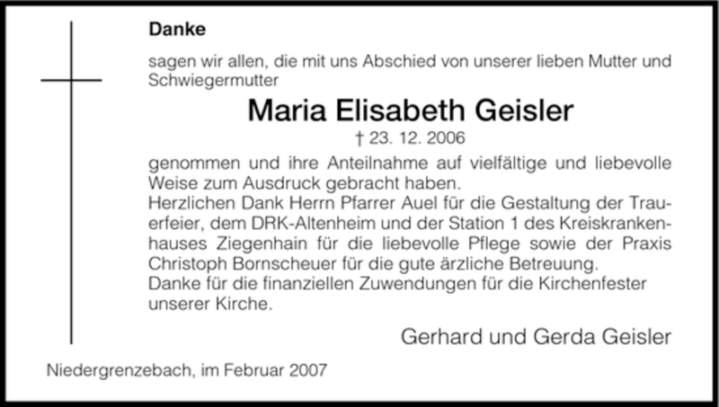 Traueranzeigen von Maria Geisler | trauer.merkur.de