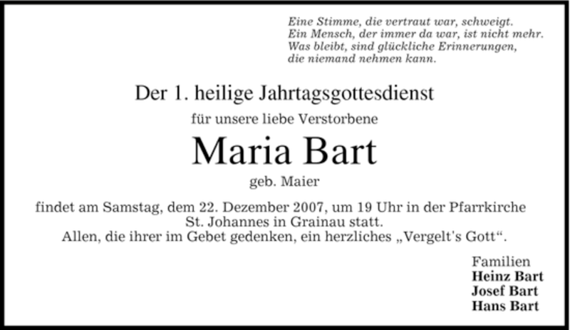 Traueranzeigen von Maria Bart | trauer.merkur.de