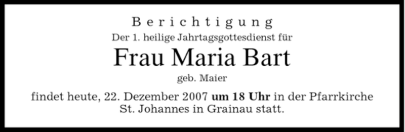 Traueranzeigen von Maria Bart | trauer.merkur.de
