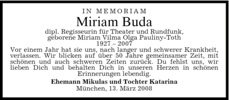 Traueranzeigen von Buda Miriam | trauer.merkur.de