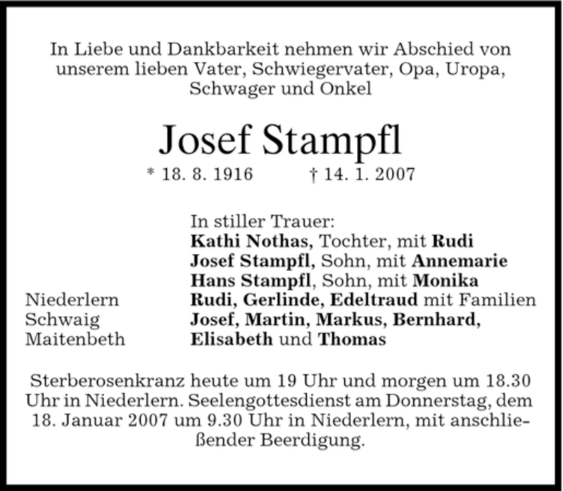 Traueranzeigen von Josef Stampfl | trauer.merkur.de
