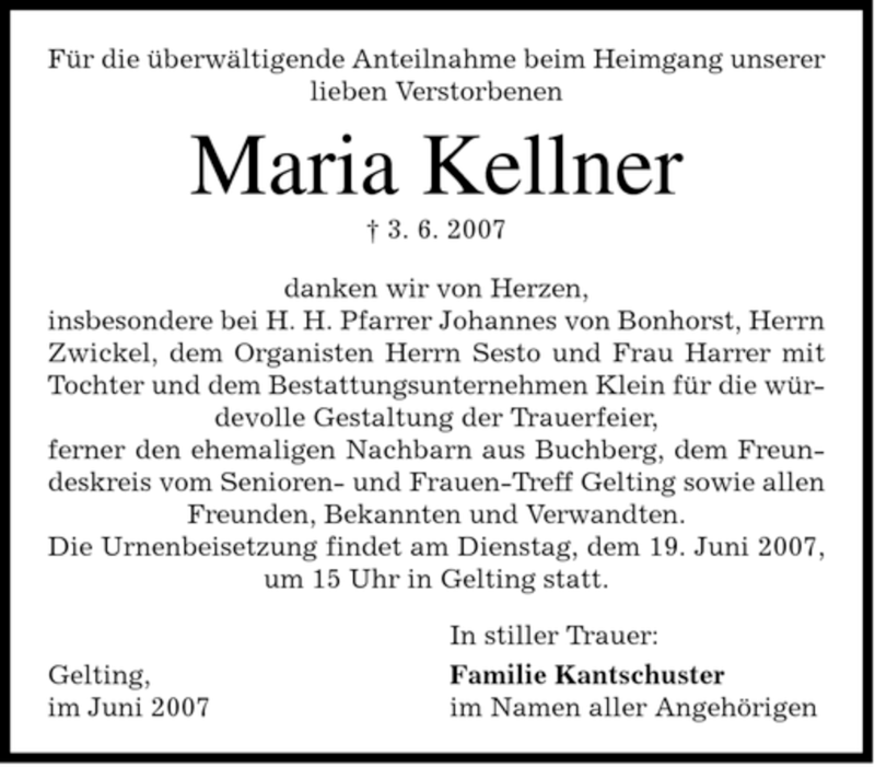Traueranzeigen von Maria Kellner | trauer.merkur.de
