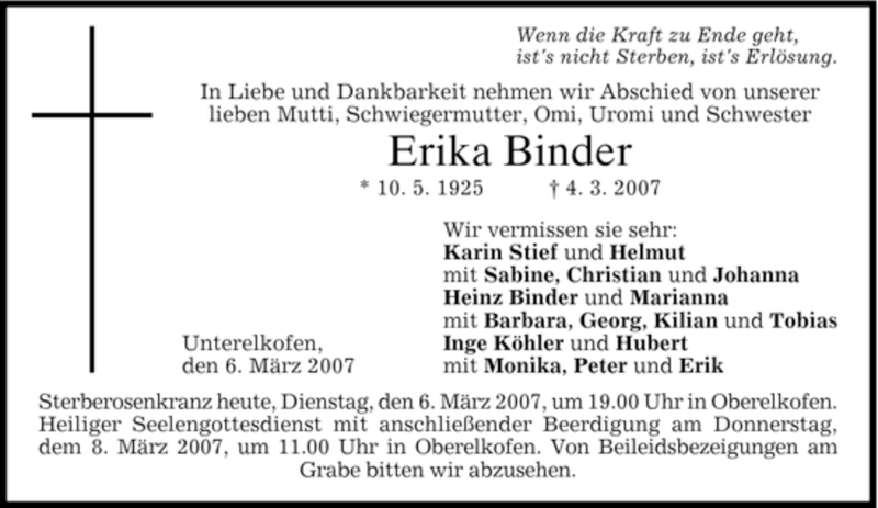Traueranzeigen von Erika Binder | trauer.merkur.de