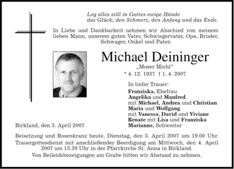 Traueranzeigen von Michael Deininger | trauer.merkur.de