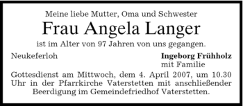 Traueranzeigen von Angela Langer | trauer.merkur.de