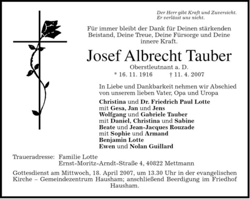 Traueranzeigen von Josef Albrecht Tauber | trauer.merkur.de