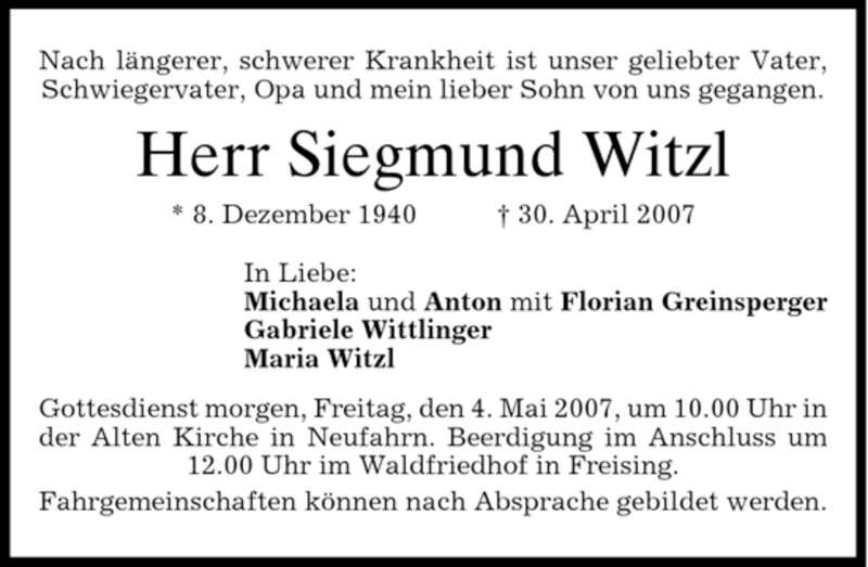 Traueranzeigen von Siegmund Witzl | trauer.merkur.de