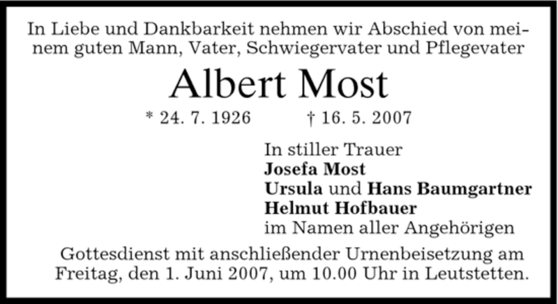 Traueranzeigen von Albert Most | trauer.merkur.de