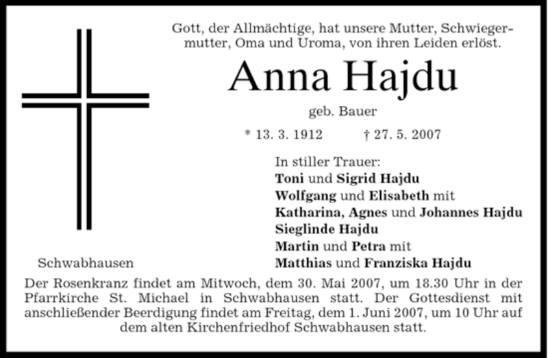Traueranzeigen von Anna Hajdu | trauer.merkur.de