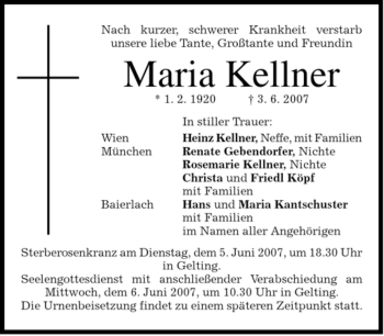 Traueranzeigen von Maria Kellner | trauer.merkur.de