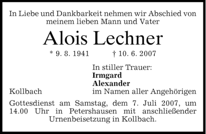Traueranzeigen von Alois Lechner | trauer.merkur.de
