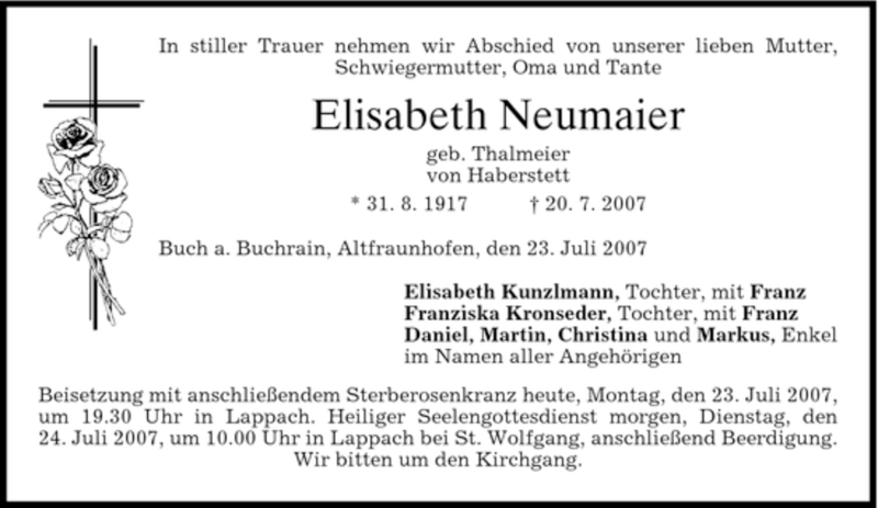 Traueranzeigen von Elisabeth Neumaier | trauer.merkur.de