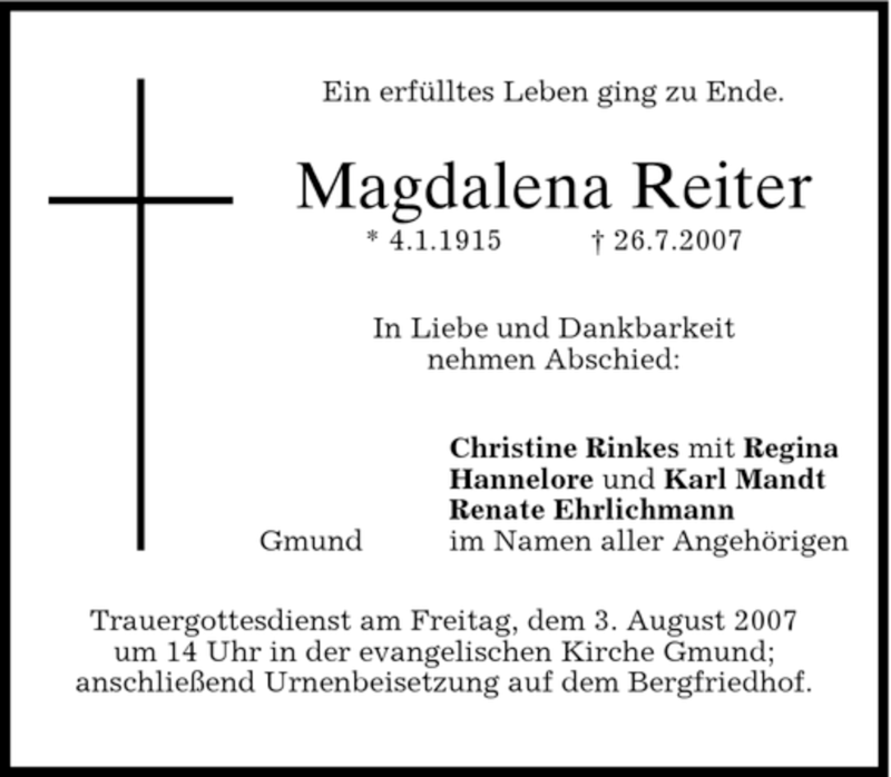 Traueranzeigen von Magdalena Reiter | trauer.merkur.de