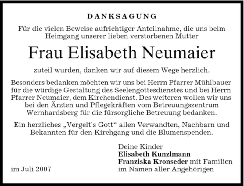 Traueranzeigen von Elisabeth Neumaier | trauer.merkur.de