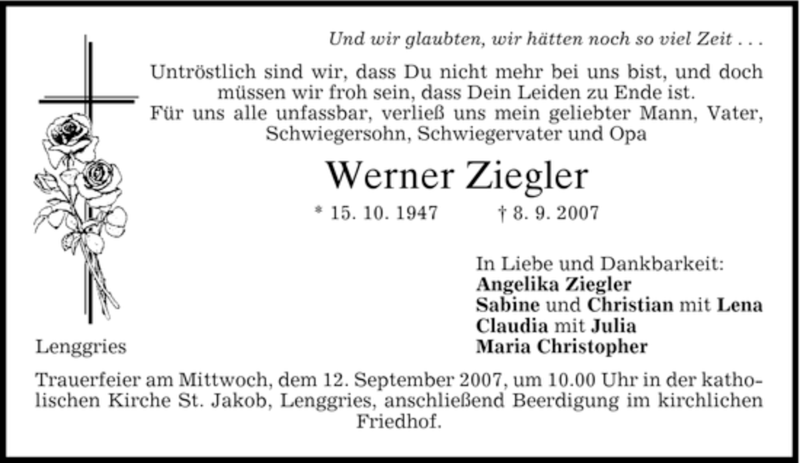 Traueranzeigen von Werner Ziegler | trauer.merkur.de