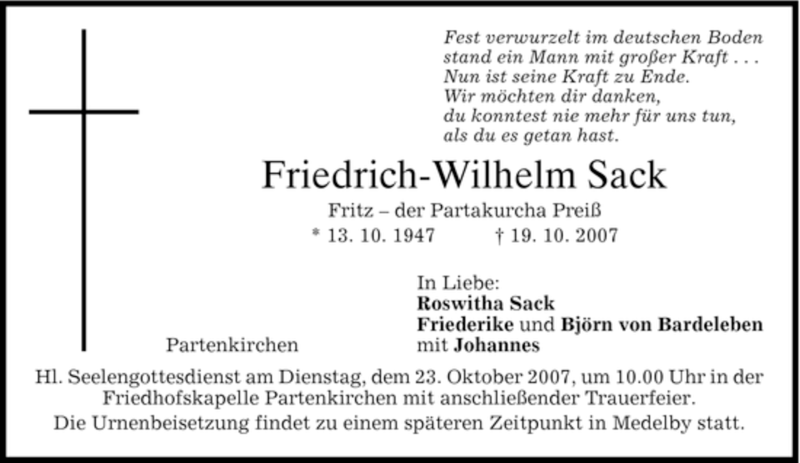Traueranzeigen von Friedrich-Wilhelm Sack | trauer.merkur.de