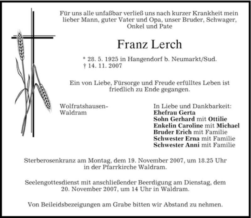 Traueranzeigen von Franz Lerch | trauer.merkur.de
