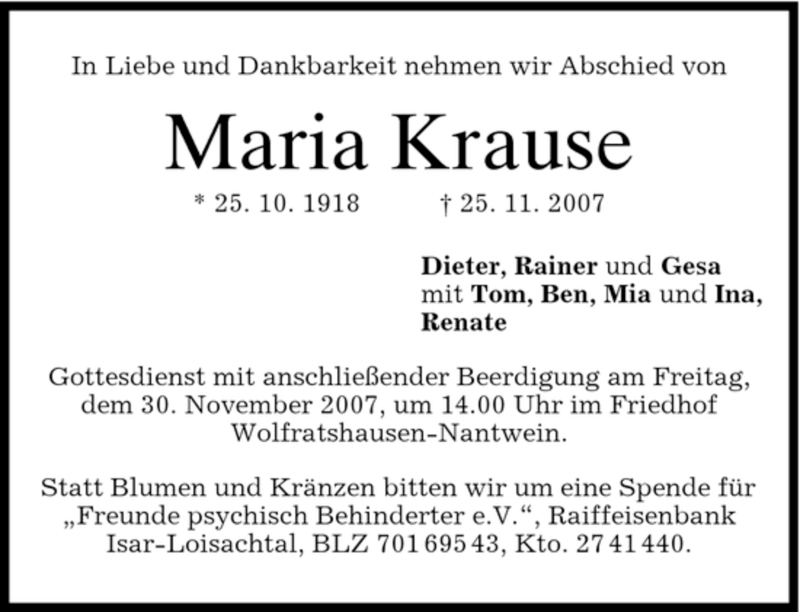 Traueranzeigen von Maria Krause | trauer.merkur.de