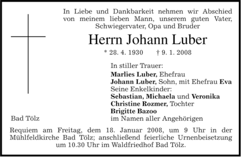 Traueranzeigen von Johann Luber | trauer.merkur.de