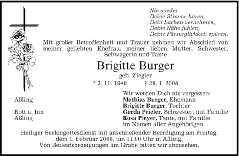 Traueranzeigen von Brigitte Burger | trauer.merkur.de