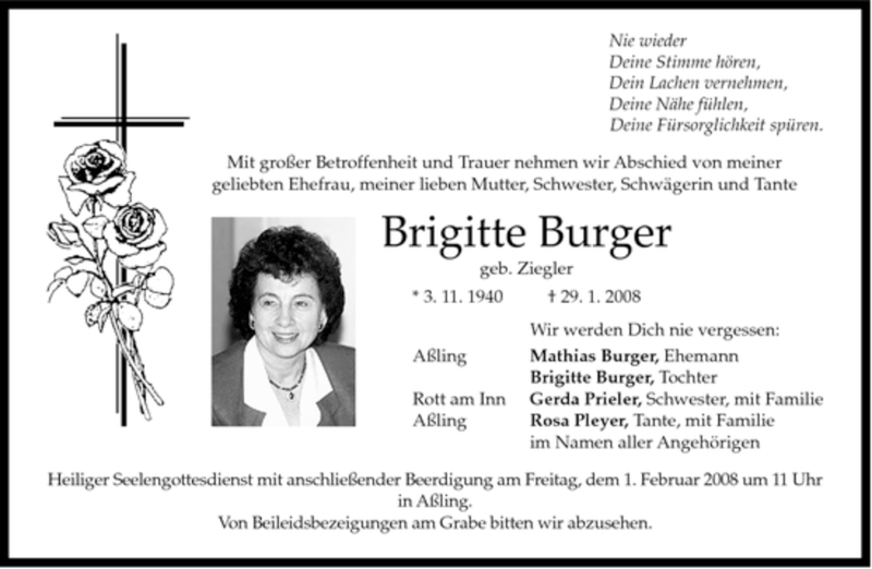 Traueranzeigen von Brigitte Burger | trauer.merkur.de