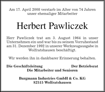 Traueranzeigen von Herbert Pawliczek | trauer.merkur.de