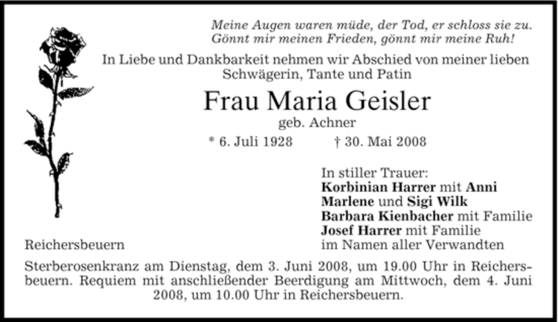 Traueranzeigen von Maria Geisler | trauer.merkur.de