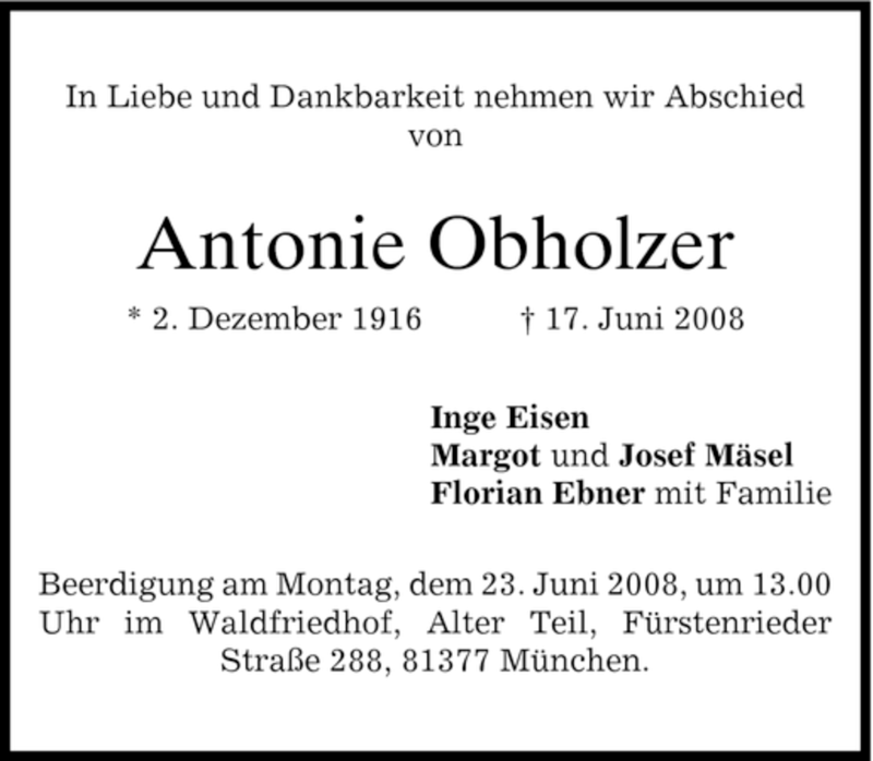 Traueranzeigen von Antonie Obholzer | trauer.merkur.de