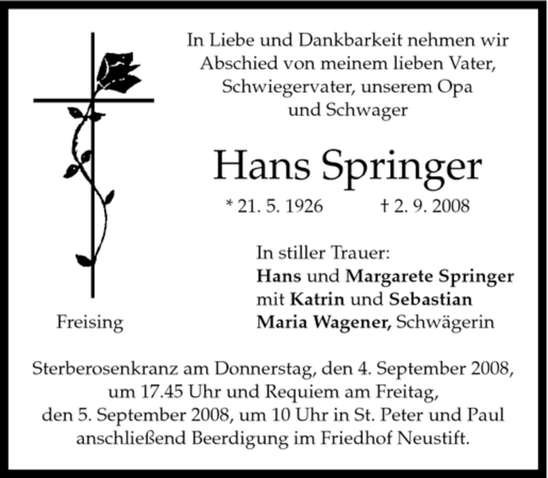 Traueranzeigen von Hans Springer | trauer.merkur.de