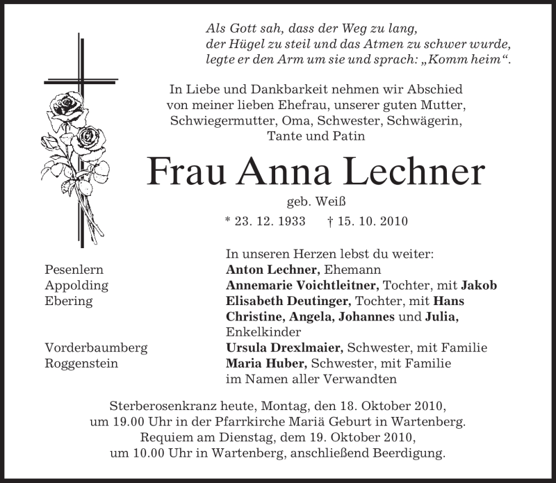 Traueranzeigen von Anna Lechner | trauer.merkur.de