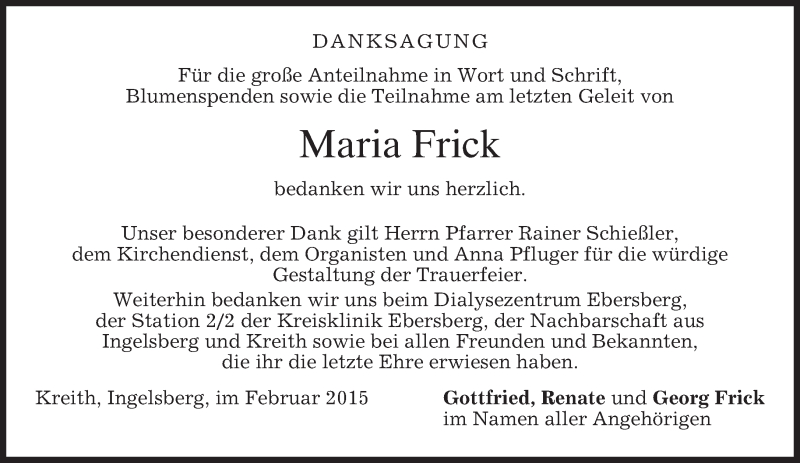 Traueranzeigen von Maria Frick | trauer.merkur.de