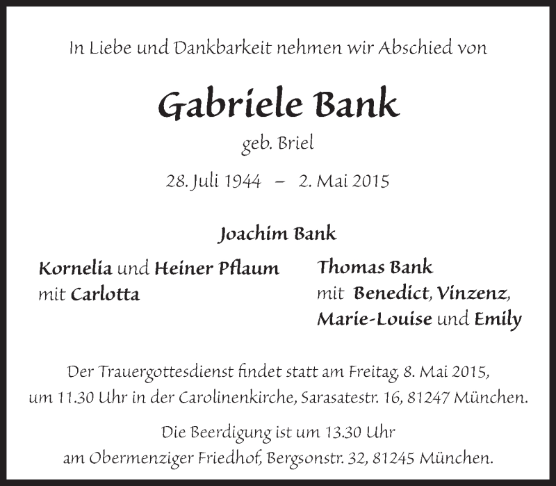 Traueranzeigen von Gabriele Bank | trauer.merkur.de