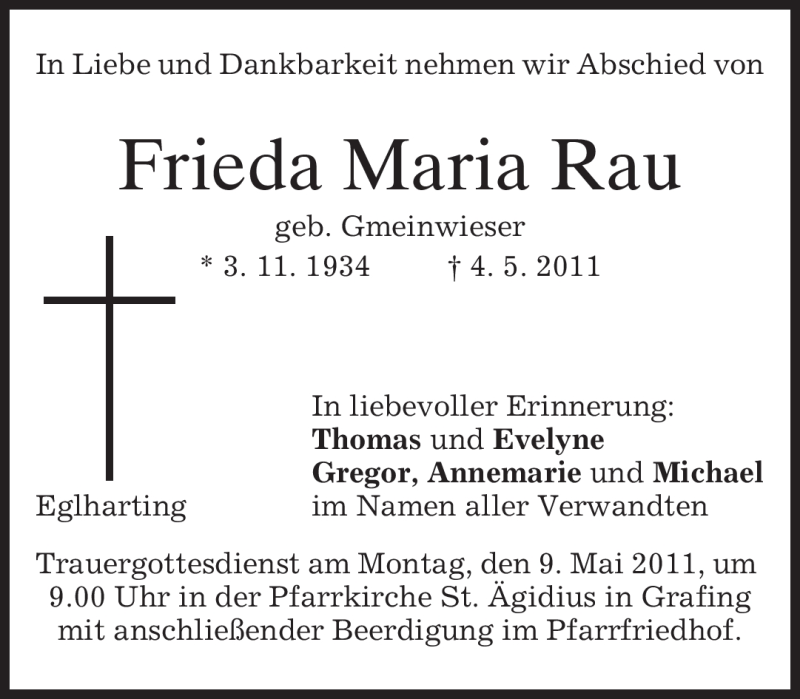 Traueranzeigen von Frieda Maria Rau | trauer.merkur.de