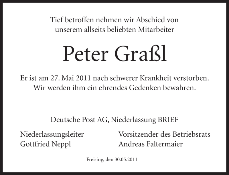Traueranzeigen von Peter Graßl | trauer.merkur.de