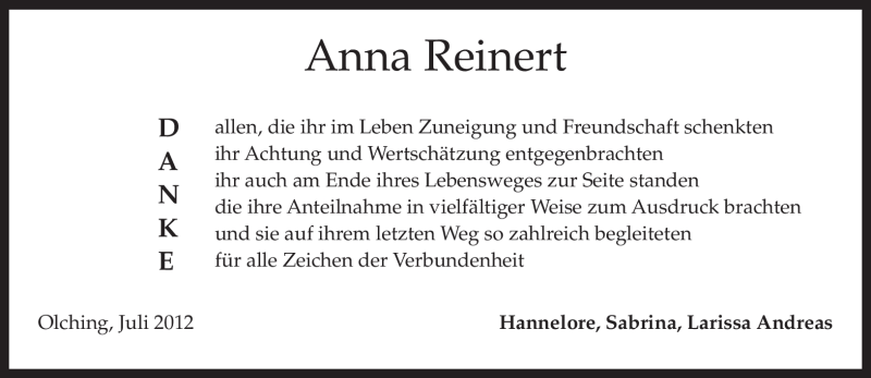 Traueranzeigen von Anna Reinert | trauer.merkur.de