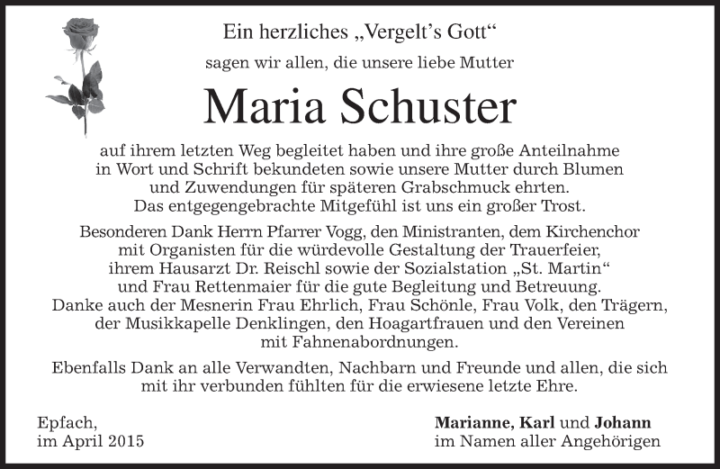 Traueranzeigen von Maria Schuster | trauer.merkur.de