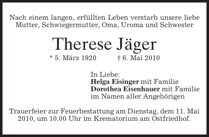 Traueranzeigen von Therese Jäger | trauer.merkur.de