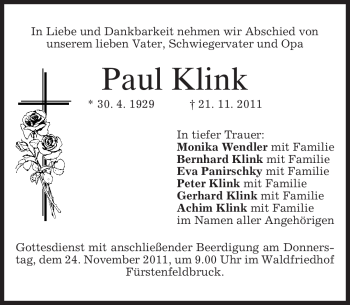 Traueranzeigen von Paul Klink | trauer.merkur.de