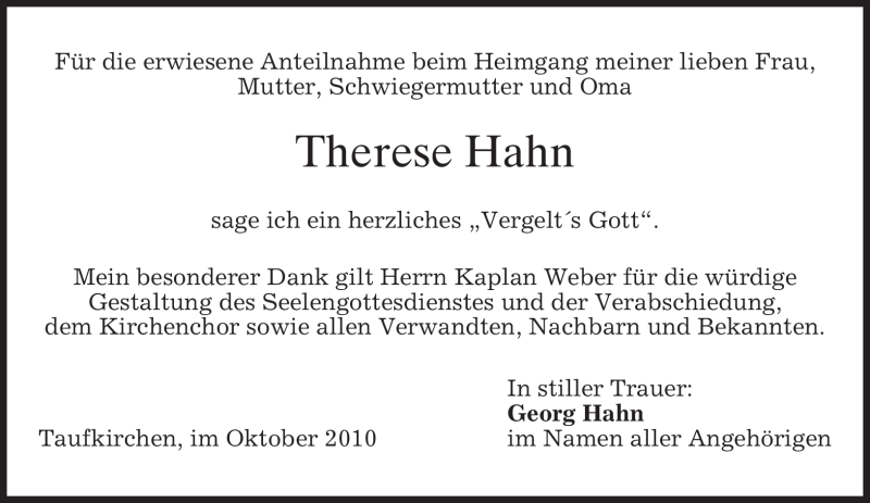 Traueranzeigen von Therese Hahn | trauer.merkur.de