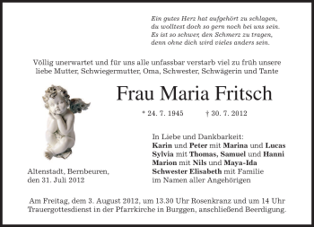 Traueranzeigen von Maria Fritsch | trauer.merkur.de