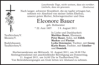 Traueranzeigen von Eleonore Bauer | trauer.merkur.de