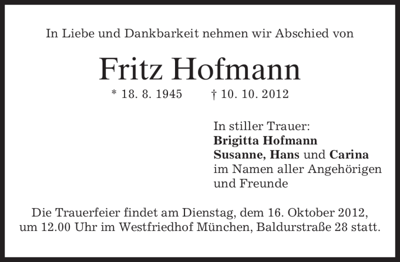 Traueranzeigen von Fritz Hofmann | trauer.merkur.de