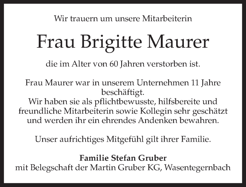 Traueranzeigen von Brigitte Maurer | trauer.merkur.de