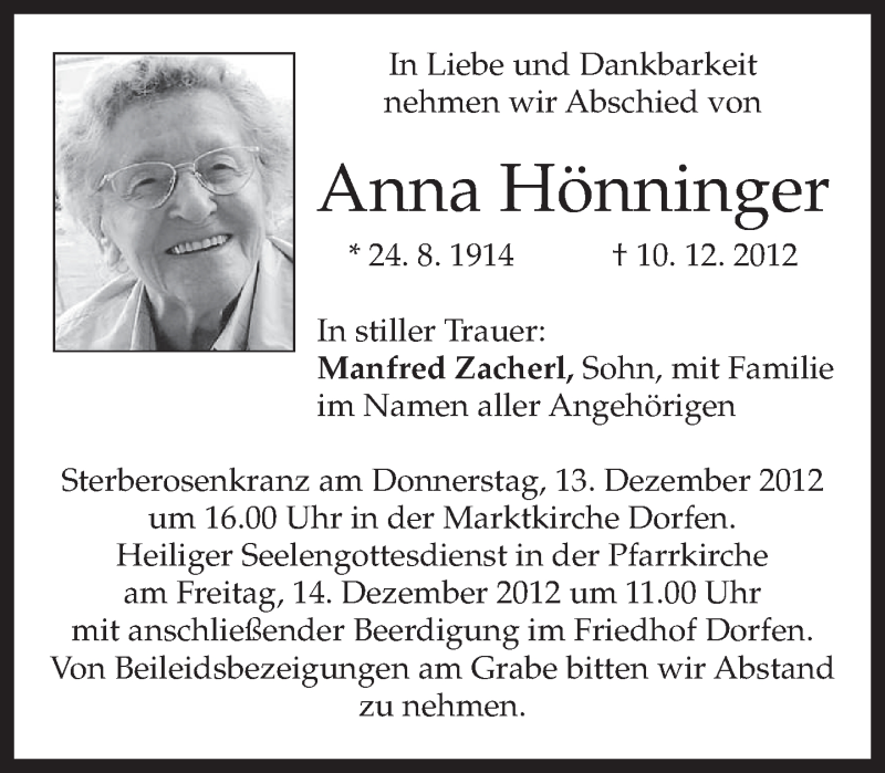 Traueranzeigen von Anna Hönninger | trauer.merkur.de