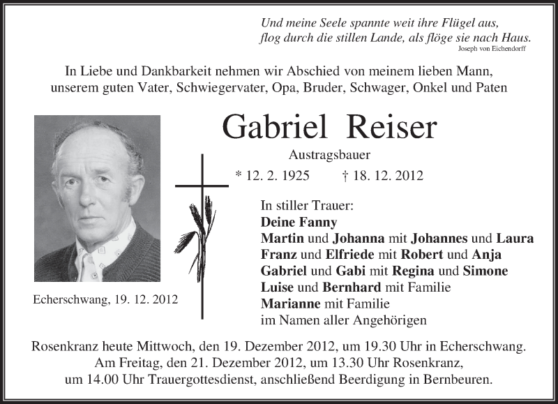 Traueranzeigen von Gabriel Reiser | trauer.merkur.de