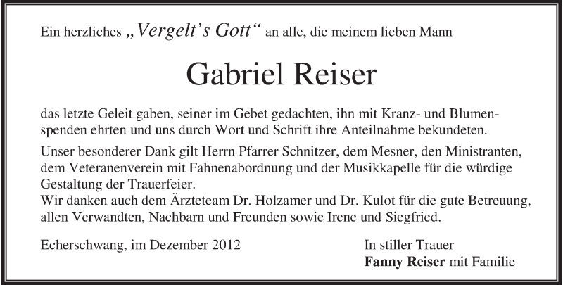 Traueranzeigen von Gabriel Reiser | trauer.merkur.de