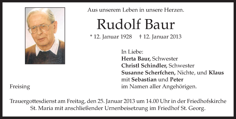 Traueranzeigen von Rudolf Baur | trauer.merkur.de
