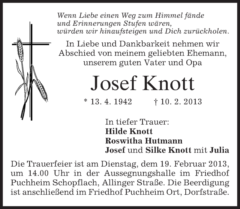 Traueranzeigen von Josef Knott | trauer.merkur.de