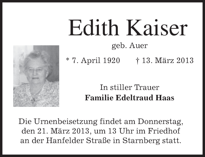 Traueranzeigen von Edith Kaiser | trauer.merkur.de