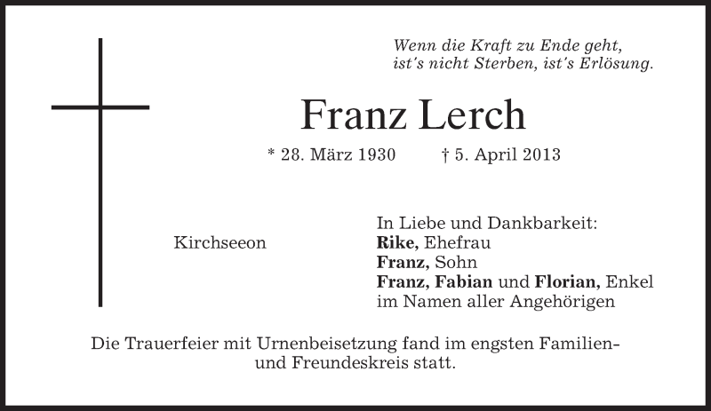 Traueranzeigen von Franz Lerch | trauer.merkur.de